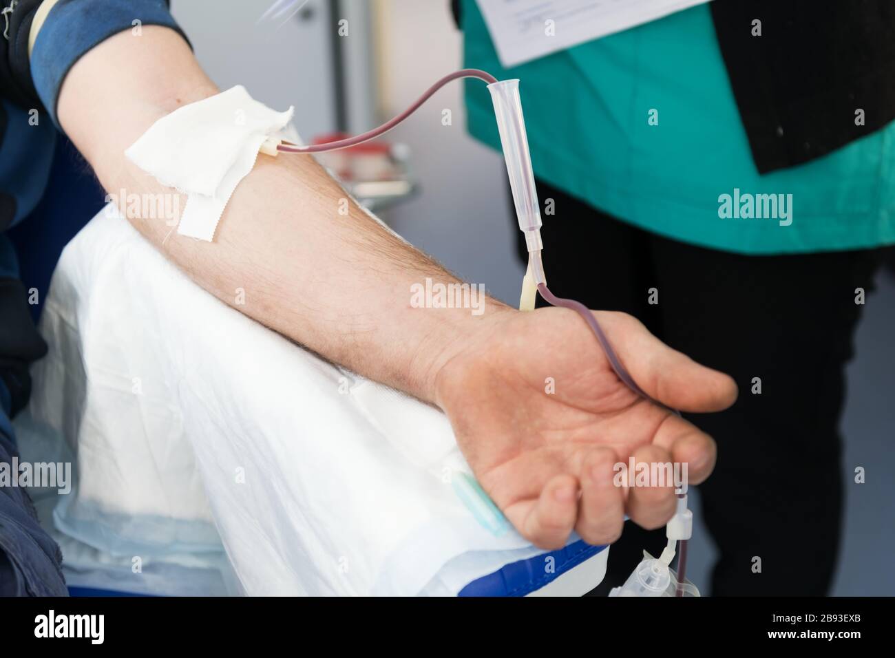 Close up arm of a man who donates blood. Male donor gives blood in a ...