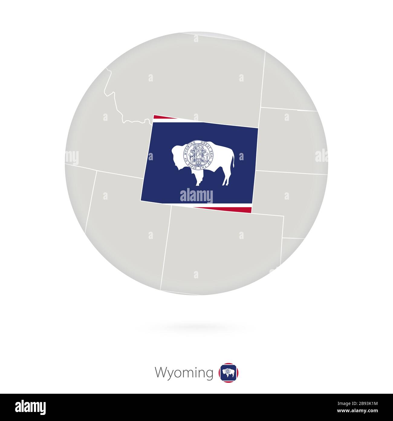 Map of Wyoming State and flag in a circle. Wyoming US State map contour ...