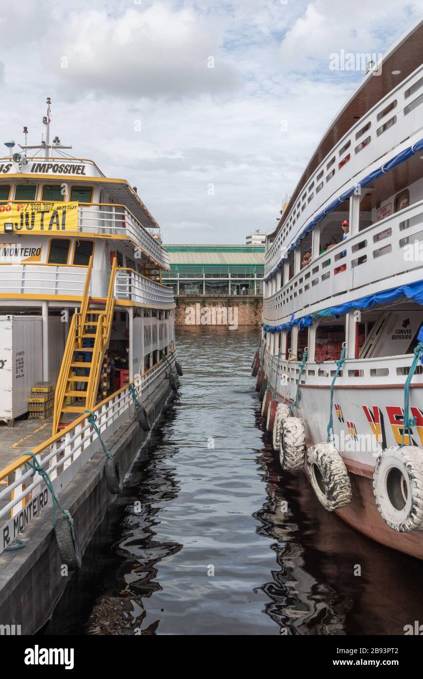 ships on the Amazon river in the Port of the city Manaus Amazonas ...