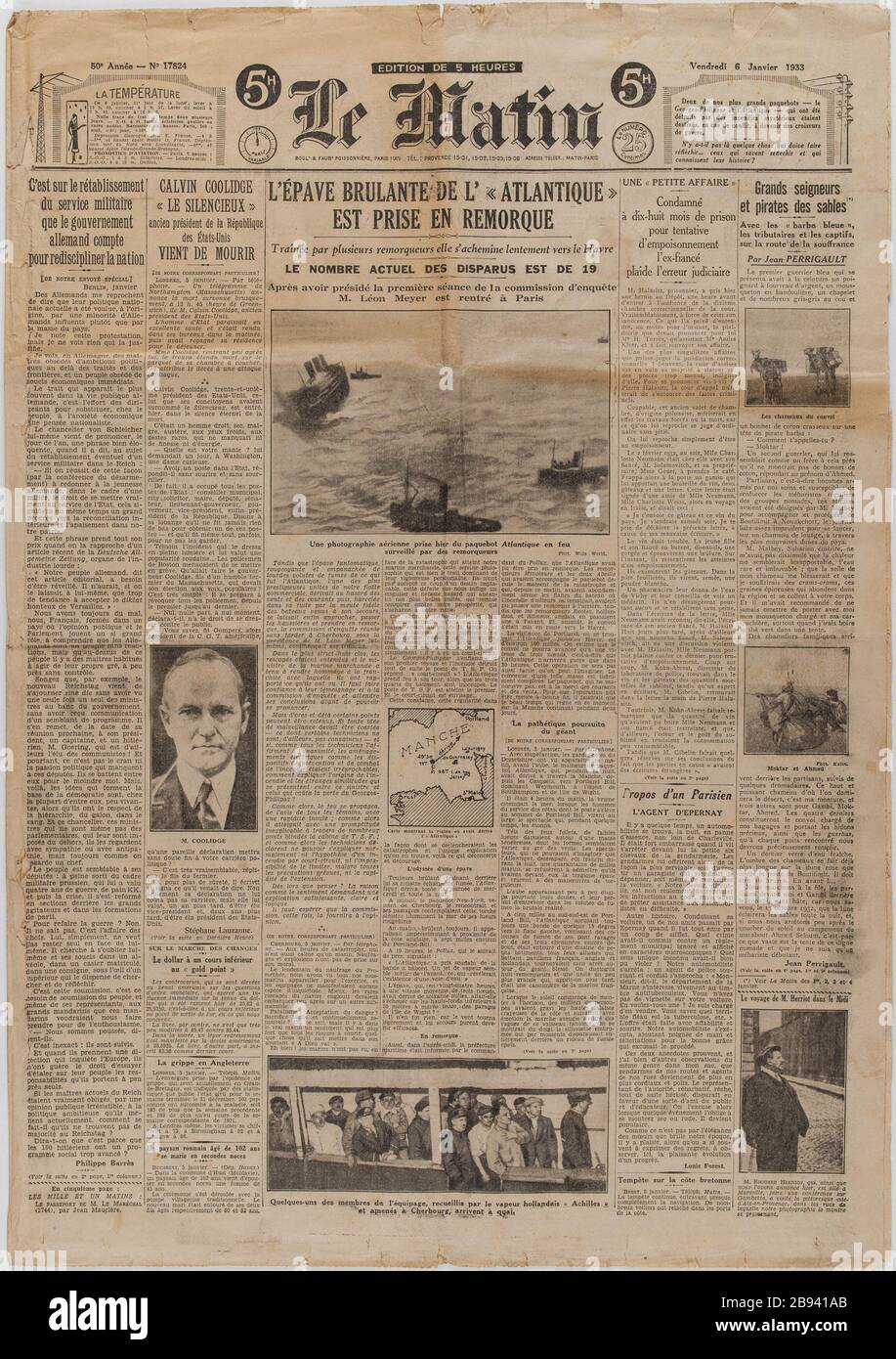 Newspaper "Le Matin" (5:00 Editing) of January 6, 1933 Journal "Le ...