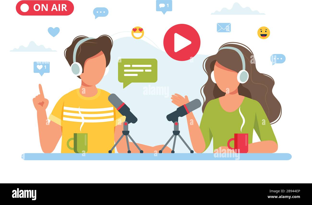People talking to microphone recording podcast in studio. Vector ...