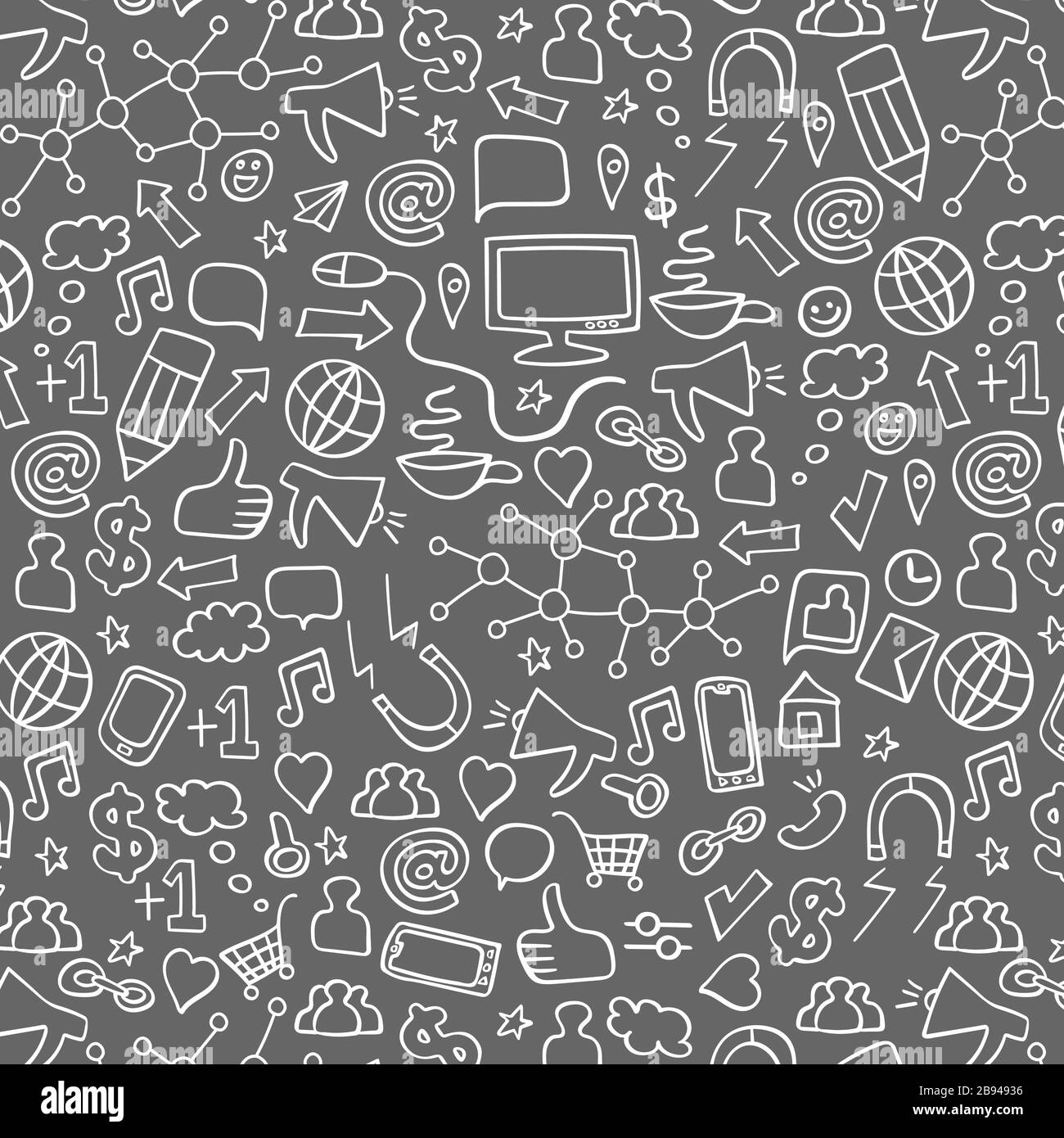 Seamless pattern with hand drawn social media elements on grey ...