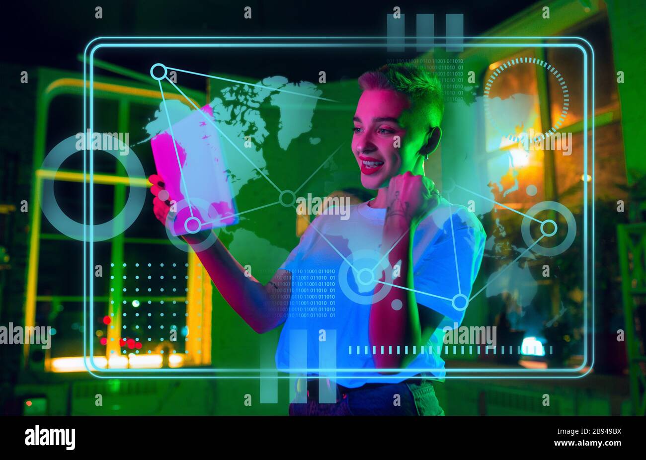 Woman using interface modern technology and digital layer effect as ...