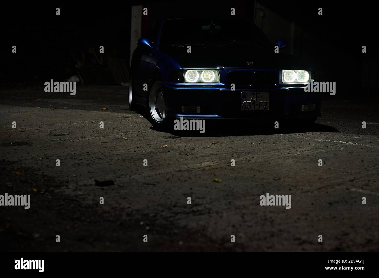 Tbilisi, Georgia August 11, 2019 Blue BMW e36 parked on the side of the ...