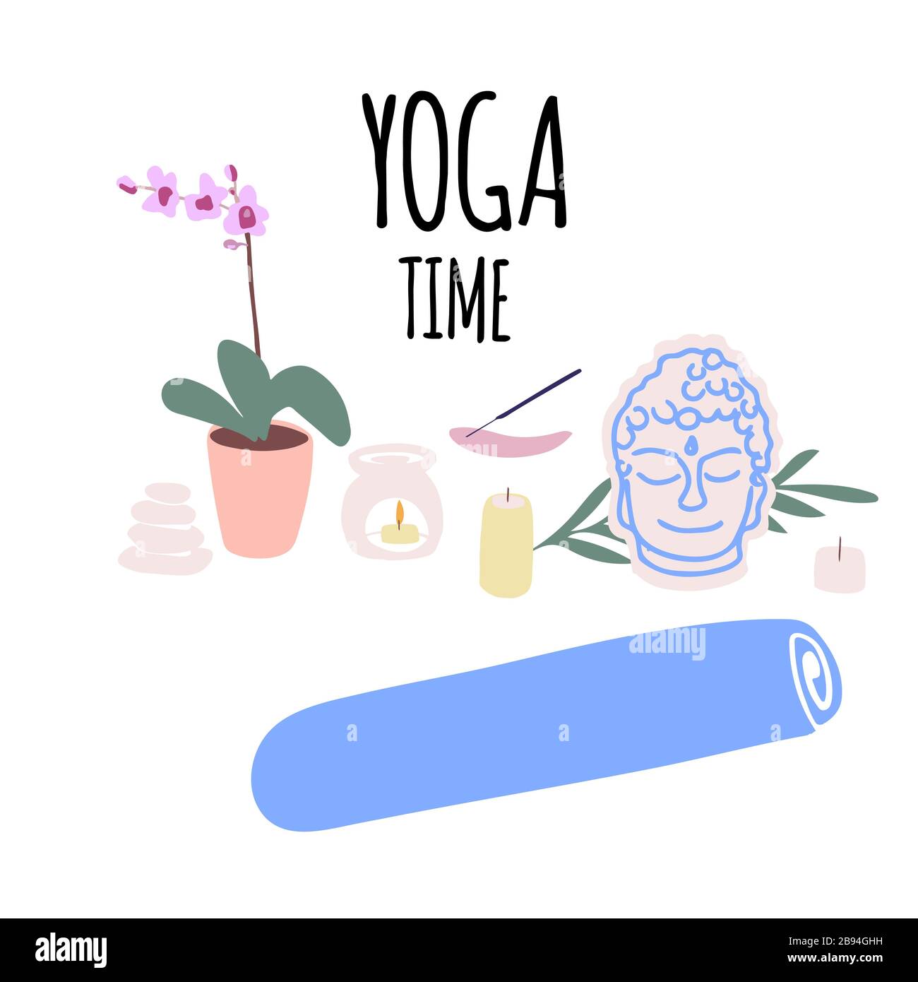 Illustration of items for yoga and meditation, yoga mat, aroma lamp ...