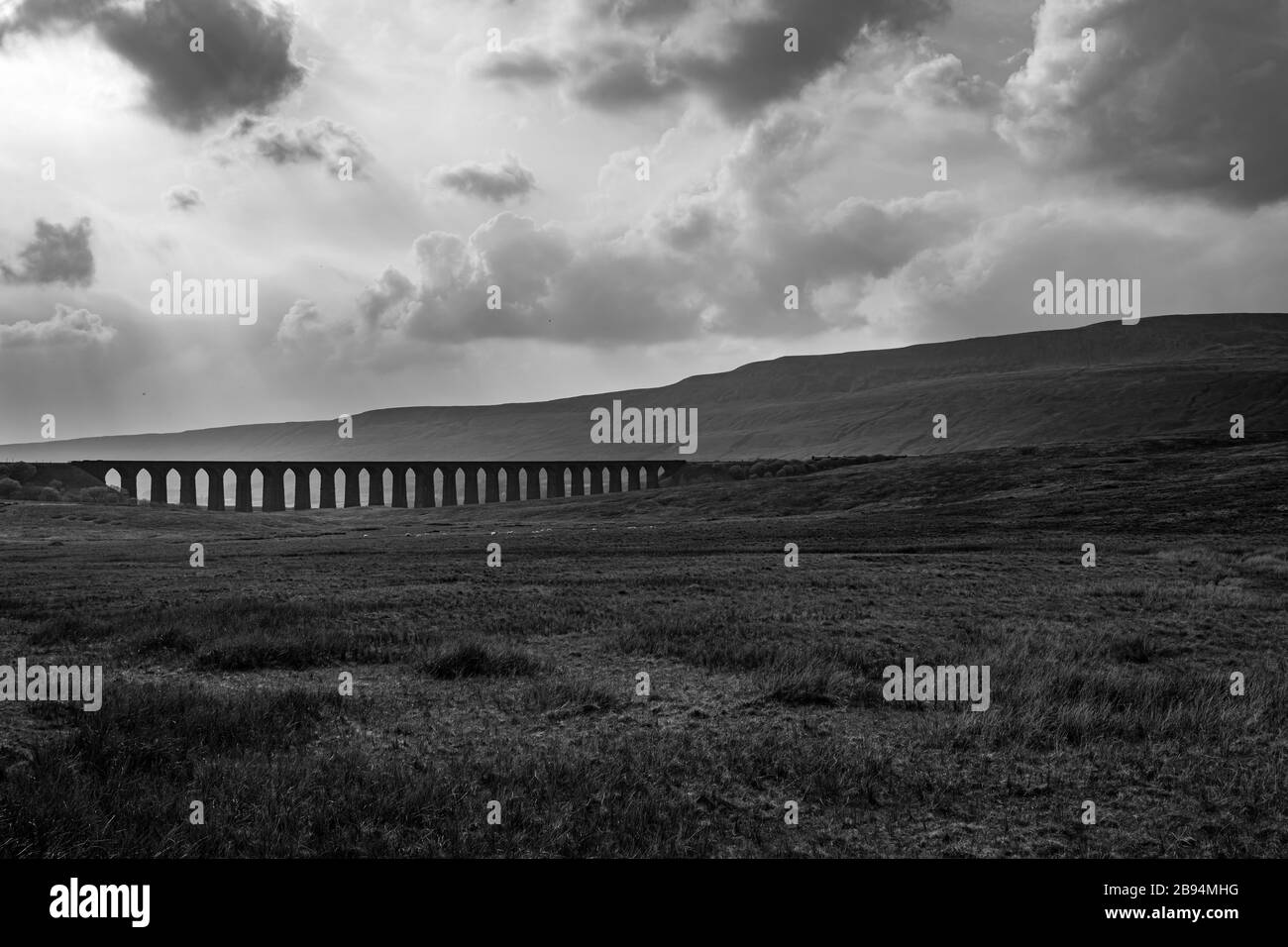 A black and white image of Ribblehead Viaduct, also know as the Batty ...