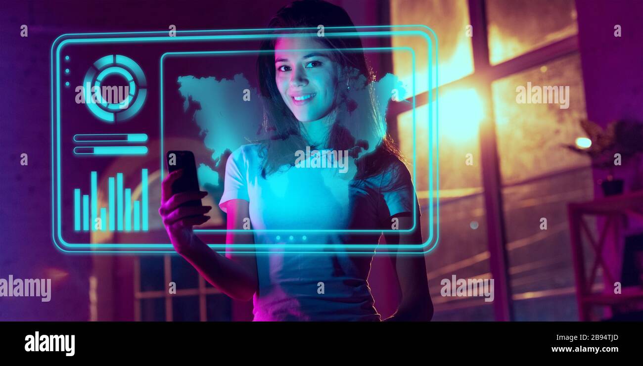 Woman using interface modern technology and digital layer effect as ...