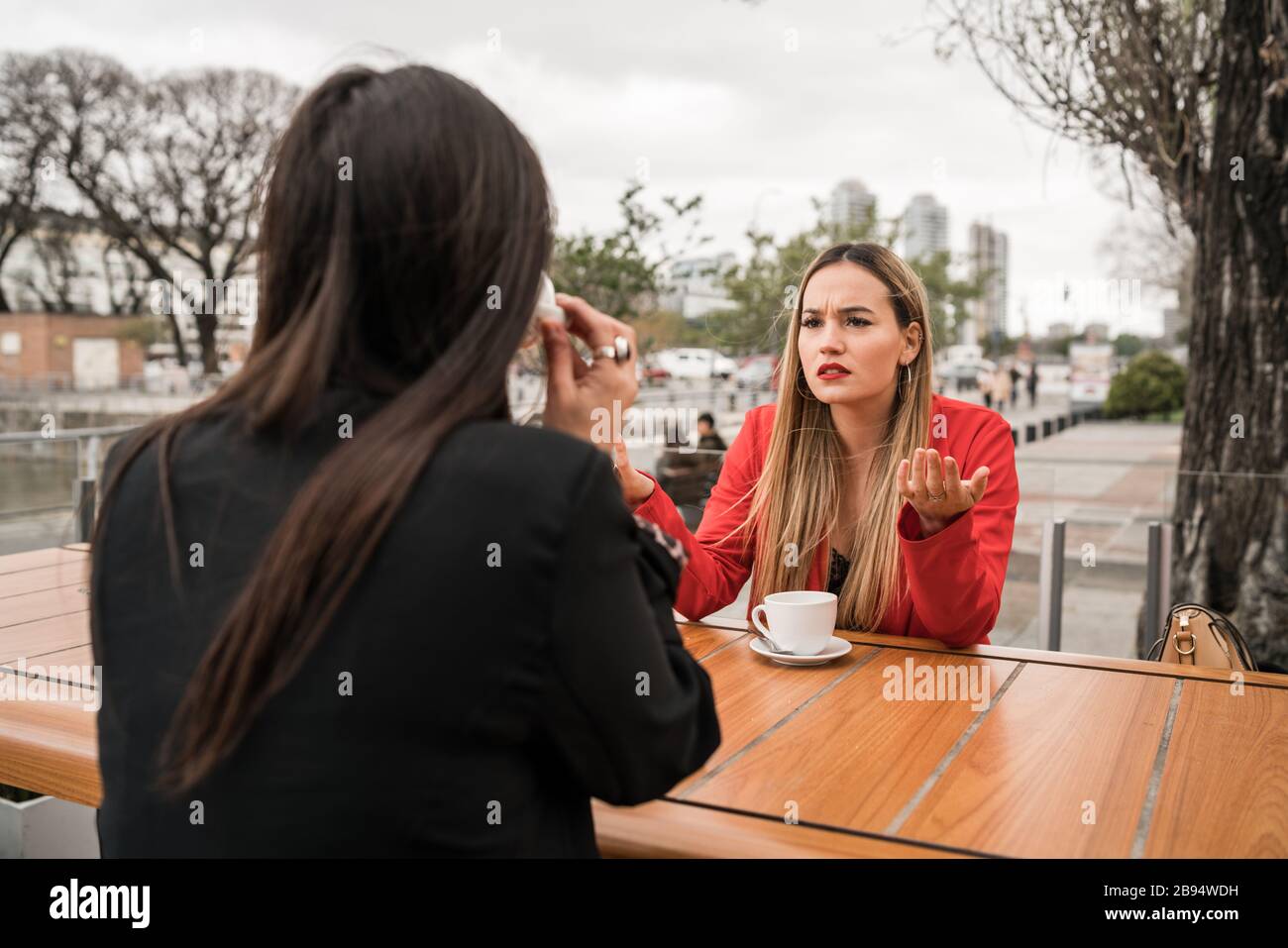 Portrait of two angry friends having a serious conversation and ...