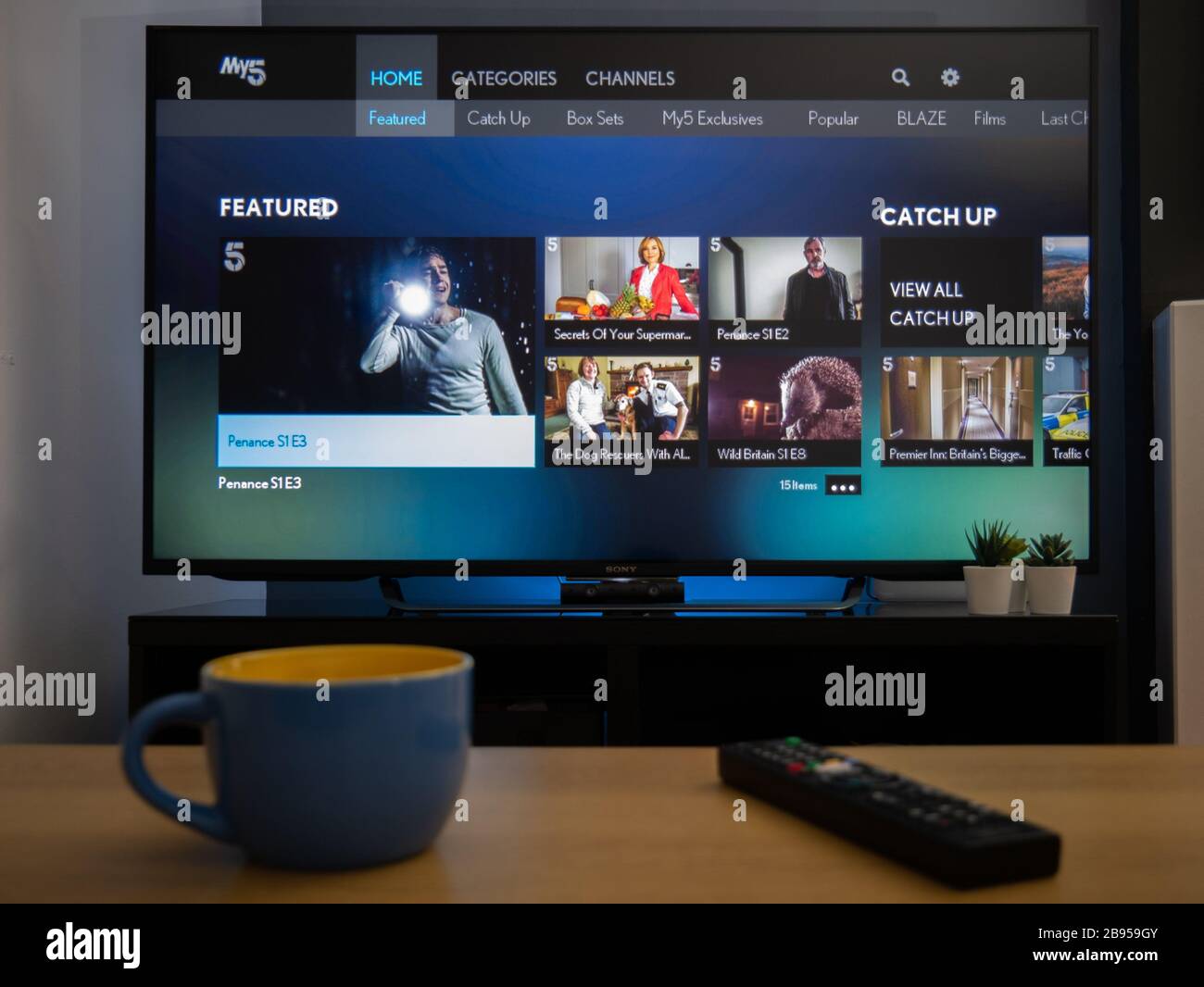UK, March 2020: TV Television my5 catch up channel 5 home screen Stock ...