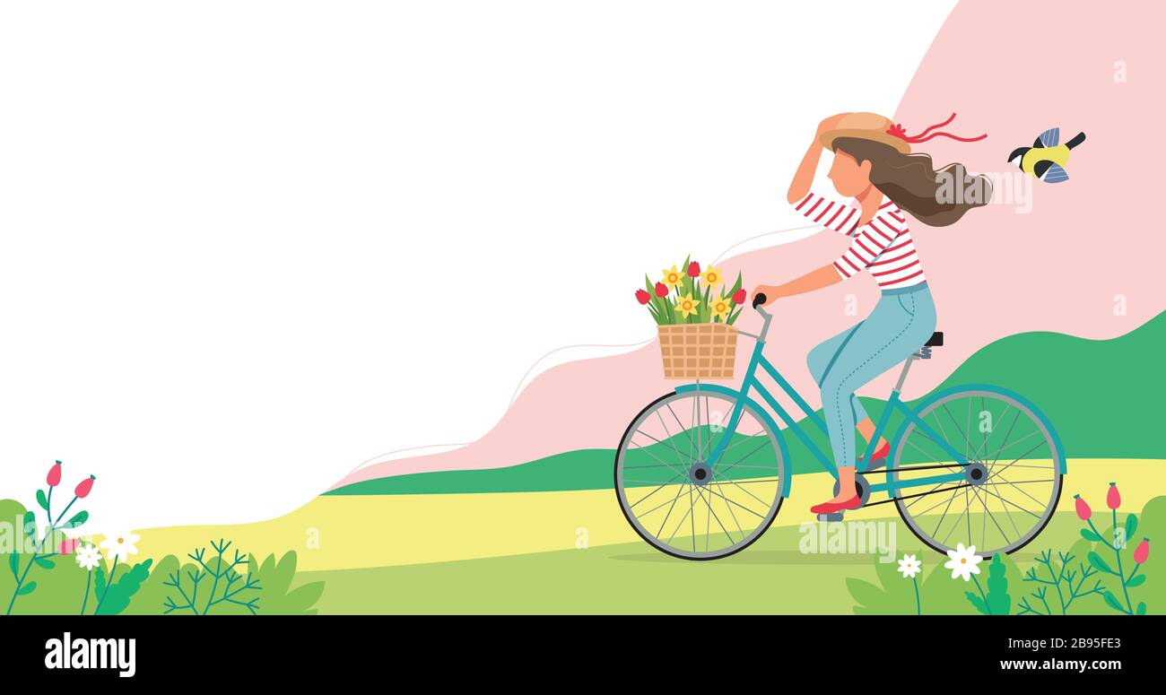 Woman riding a bike in spring with flowers in the basket. Cute vector ...