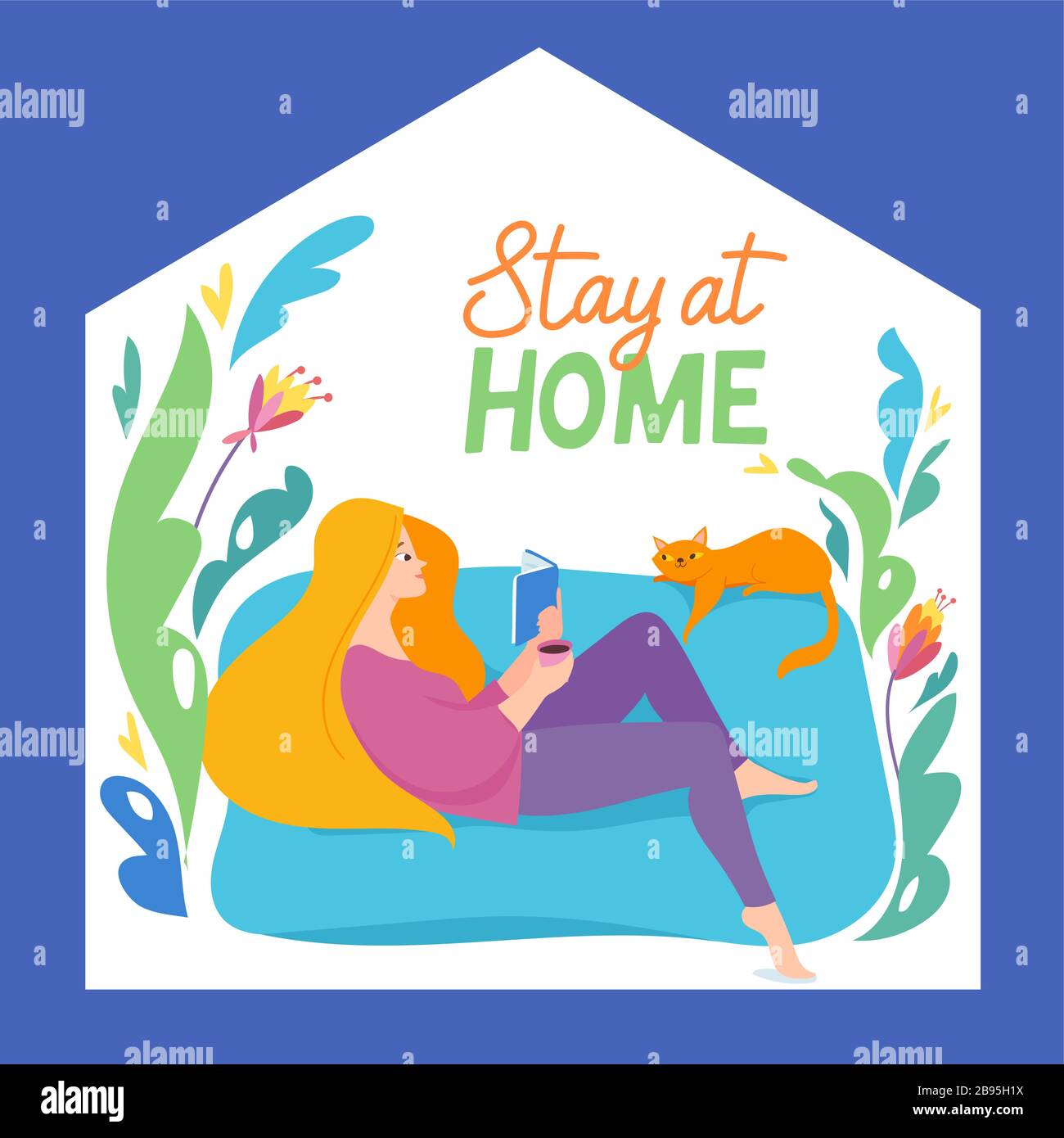 Stay home vector quarantine illustration with a woman alone at home ...