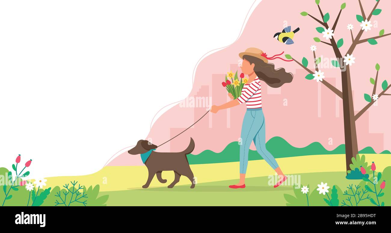 Woman walking dog in spring with flowers. Cute vector illustration in ...