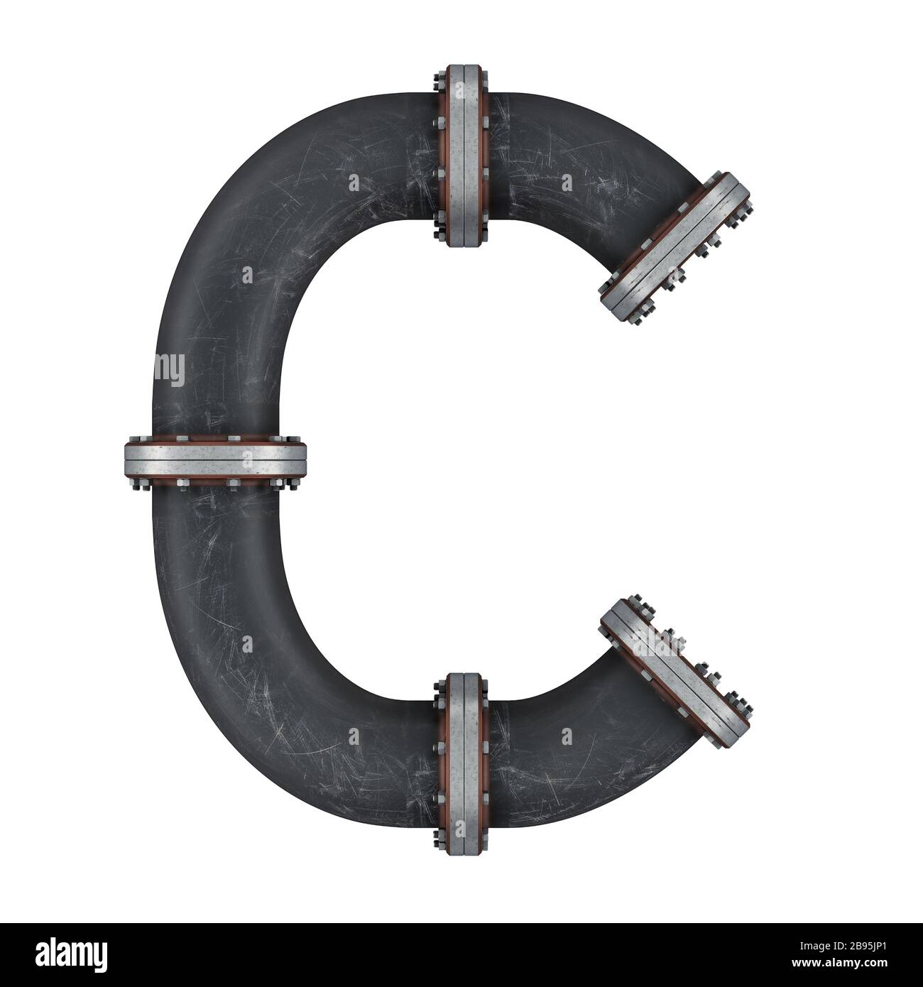 Letter C from cast iron pipes, 3D rendering isolated on white ...