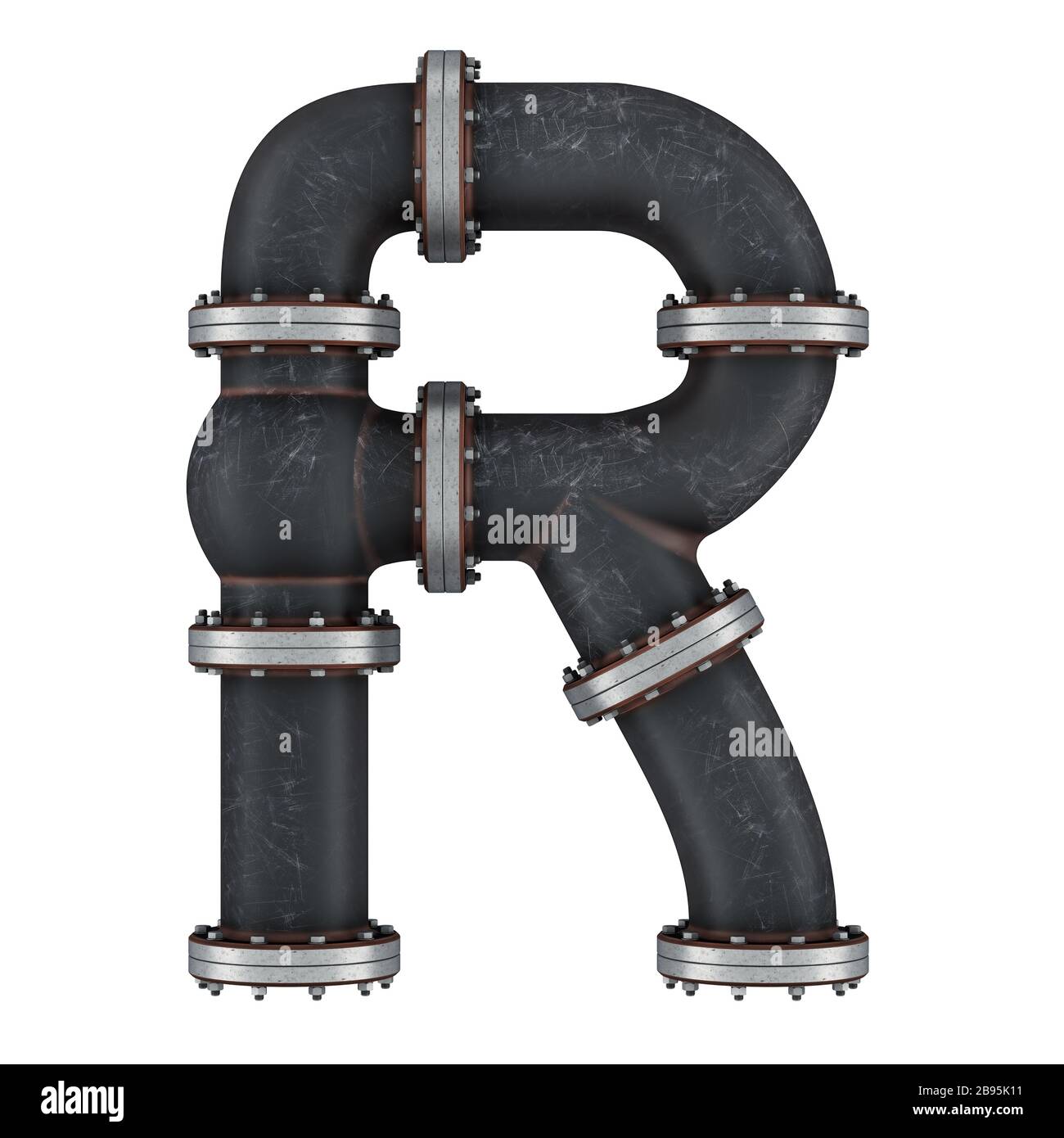 Letter R from cast iron pipes, 3D rendering isolated on white ...