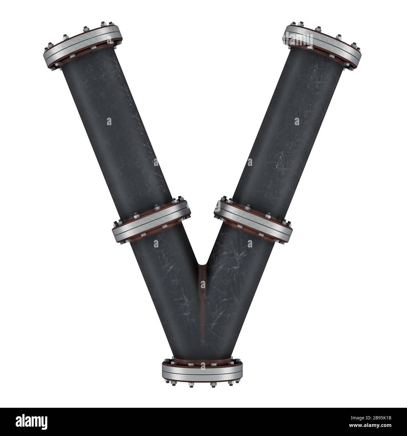 Letter V from cast iron pipes, 3D rendering isolated on white ...