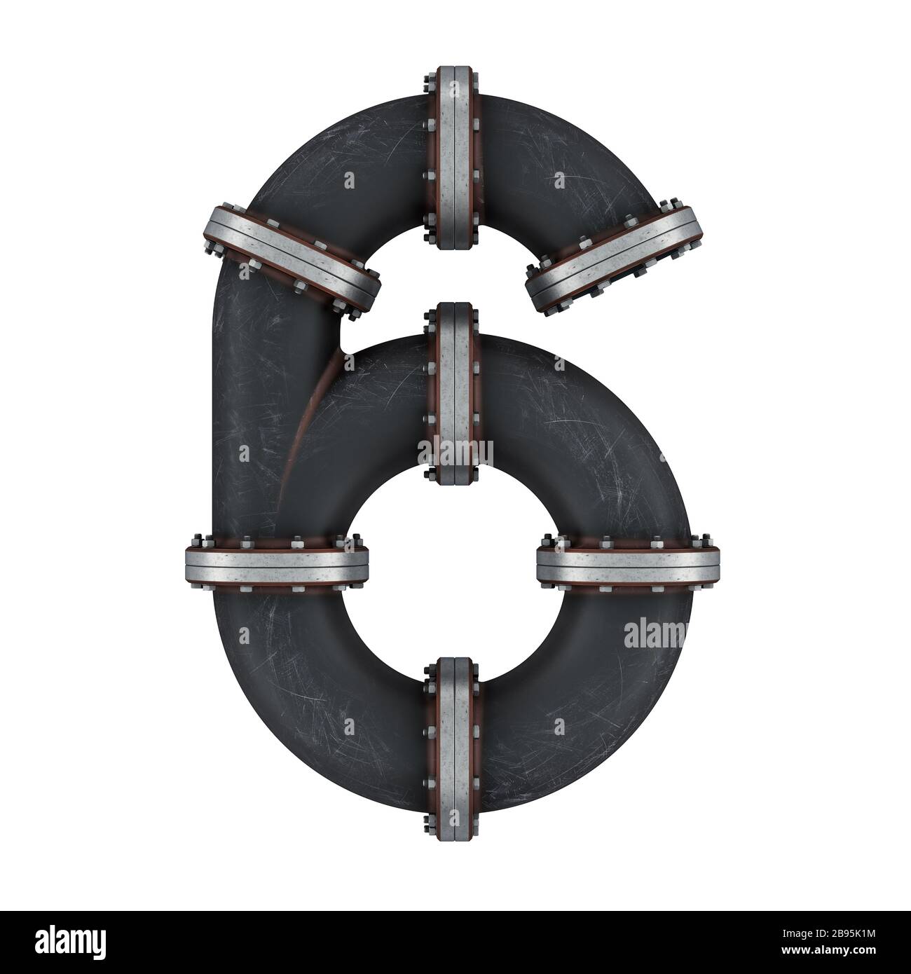 Number 6 from cast iron pipes, 3D rendering isolated on white ...