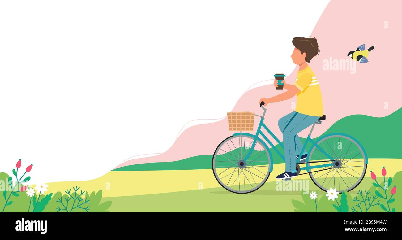 Man riding a bike in spring. Cute vector illustration in flat style ...