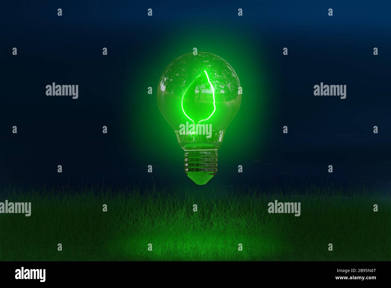 3D rendering green and clean energy bulb (Solar system) with green ...