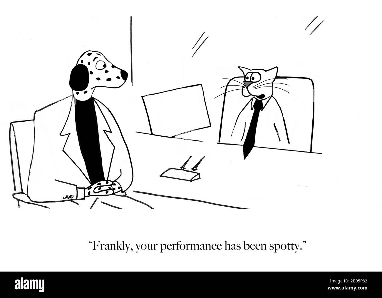 In cartoon setting, the boss cat is telling the dalmation dog employee ...