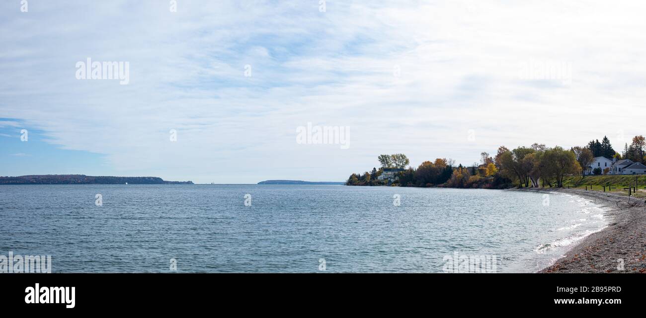 St. Ignace, Michigan, USA, during Autumn, with the Makinac Island on ...