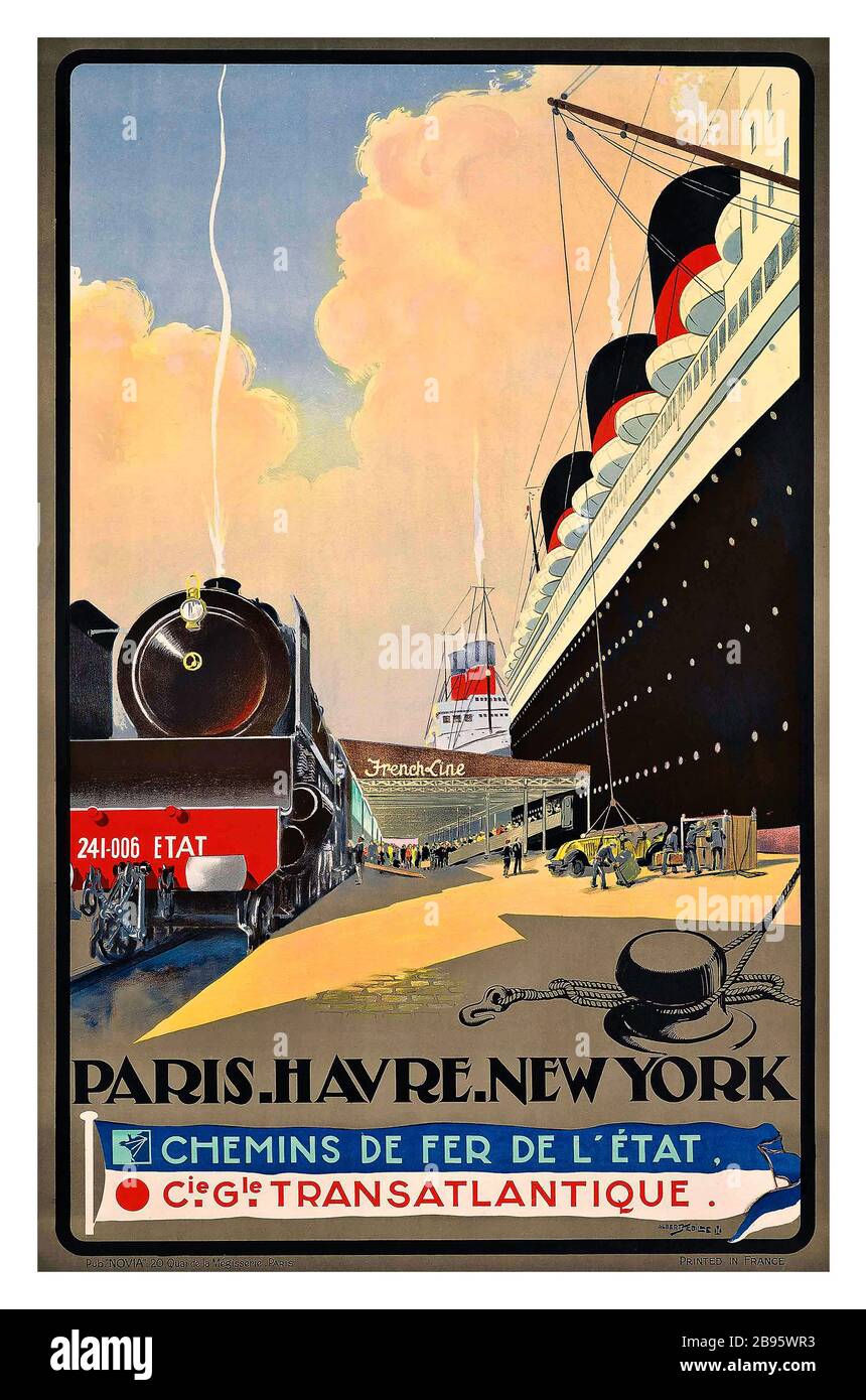 VINTAGE 1930s French Line Poster Cruise Line Steamship with Rail ...
