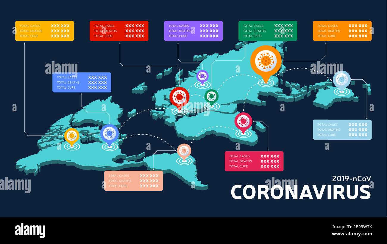 Covid-19, Covid 19 isometric world map confirmed cases, cure, deaths ...
