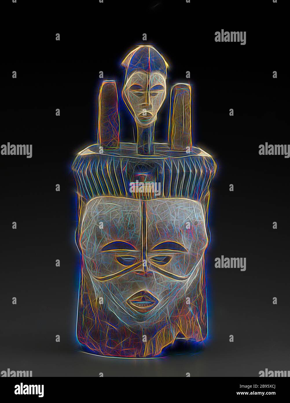 Janus-faced helmet mask with two human head finials, pigment, H: 19 in ...