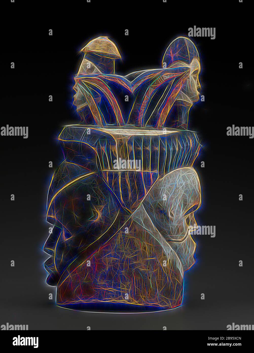 Janus-faced helmet mask with two human head finials, pigment, H: 19 in ...