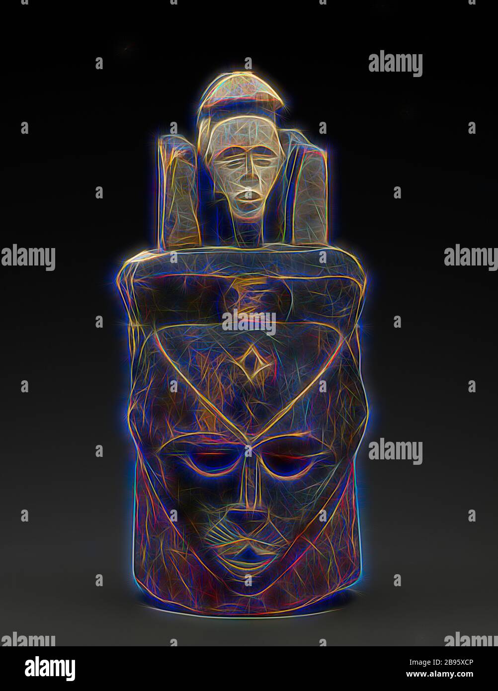 Janus-faced helmet mask with two human head finials, pigment, H: 19 in ...