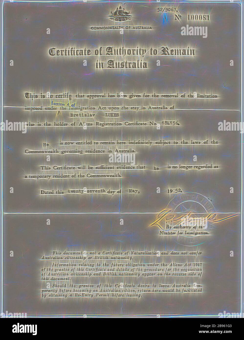 Certificate - Authority to Remain in Australia, Issued to Bretislav ...