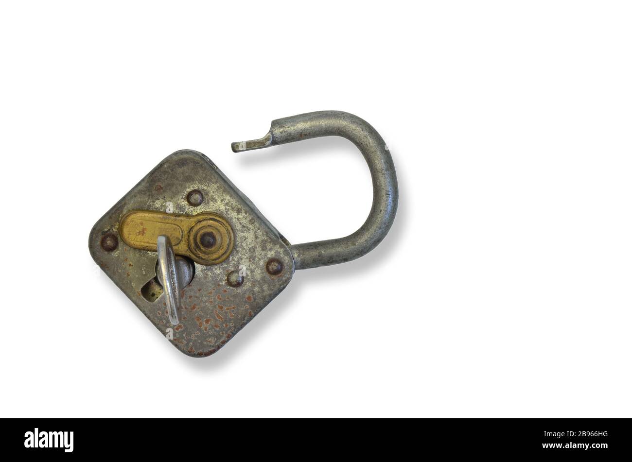 rusty old padlock with key, close up, isolated on white background ...