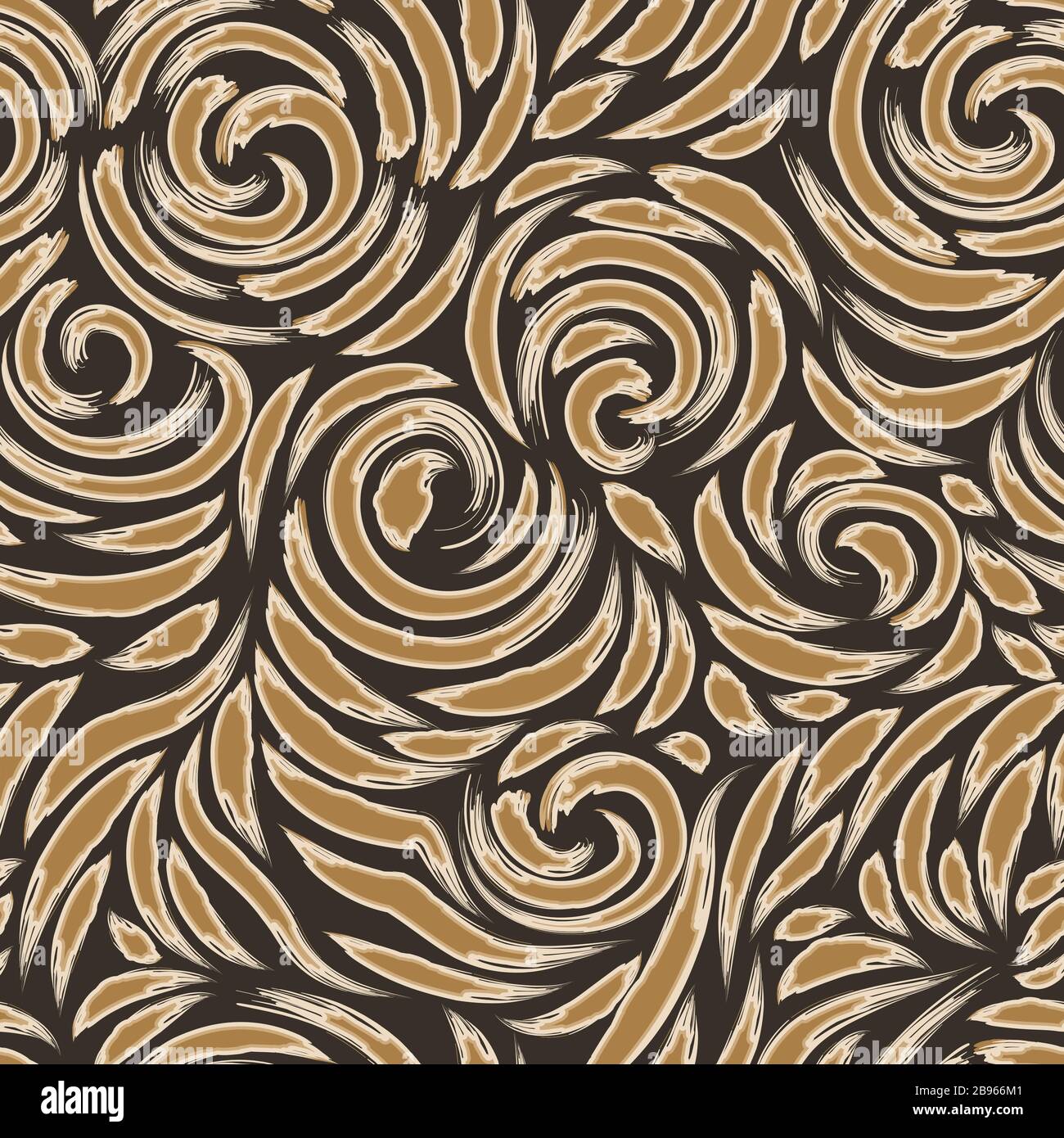 Vector seamless texture of spirals and smooth lines with torn edges in brown shades. Contrast ...