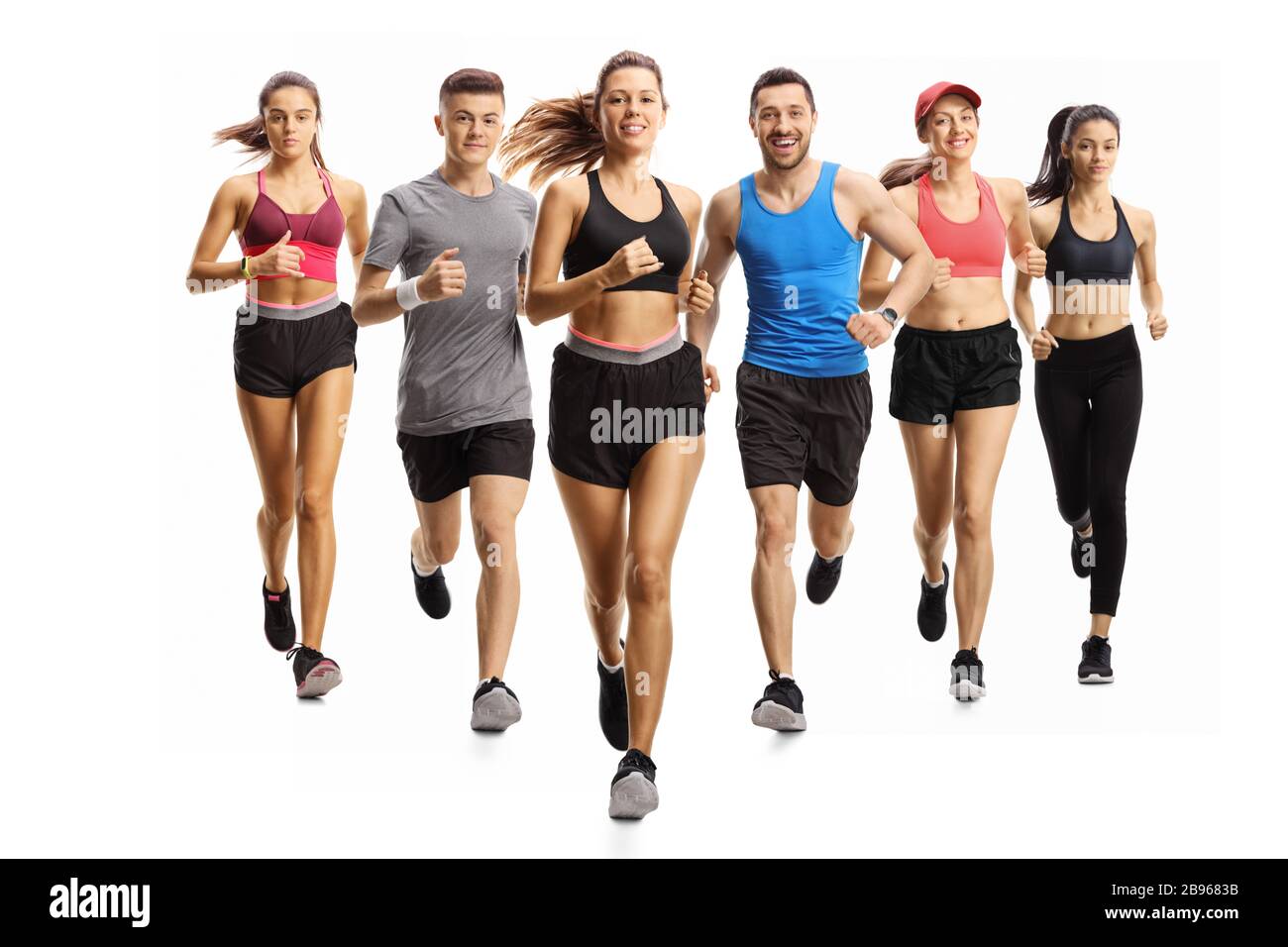 Young male and female runners running towards camera isolated on white ...