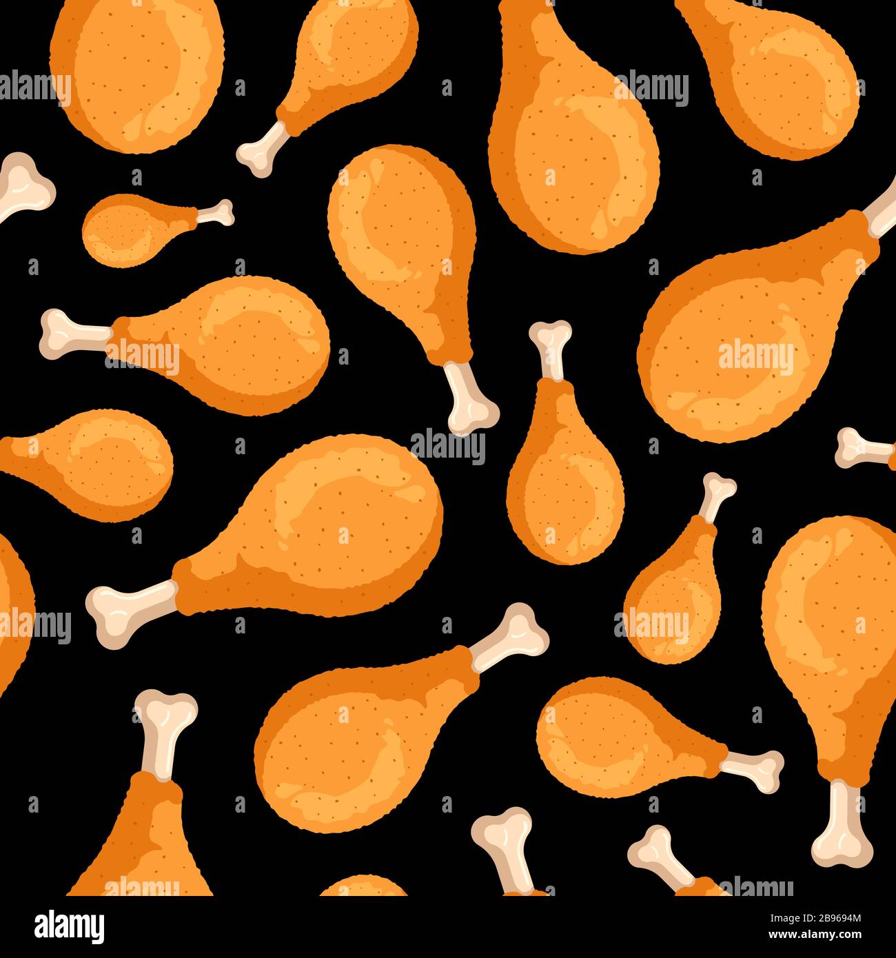 Fried crispy chicken legs seamless pattern on black background. Cartoon ...