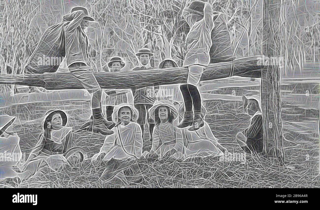 Negative - Two Boys on Log Sack Fighting Watched by a Group of Children ...
