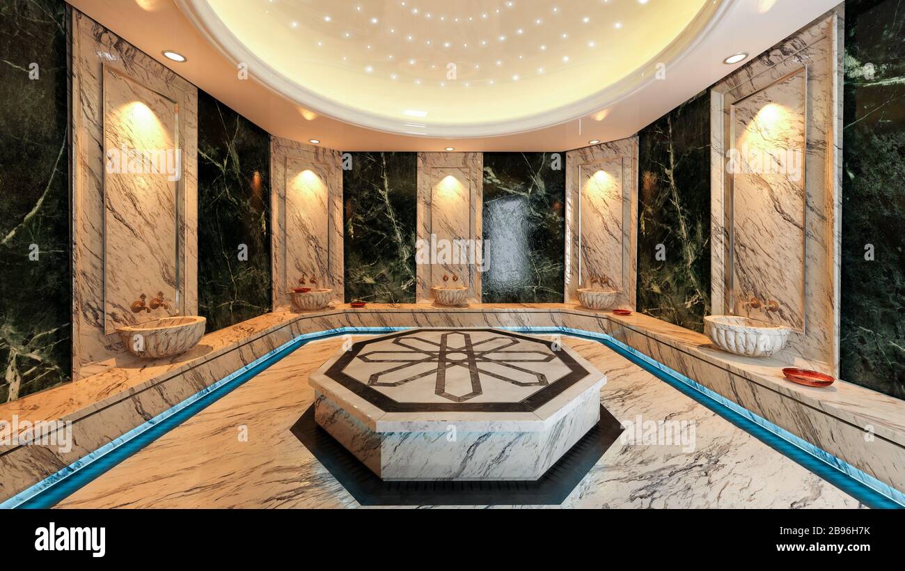 Modern green marble Turkish bath or hammam concept design 3D rendering ...