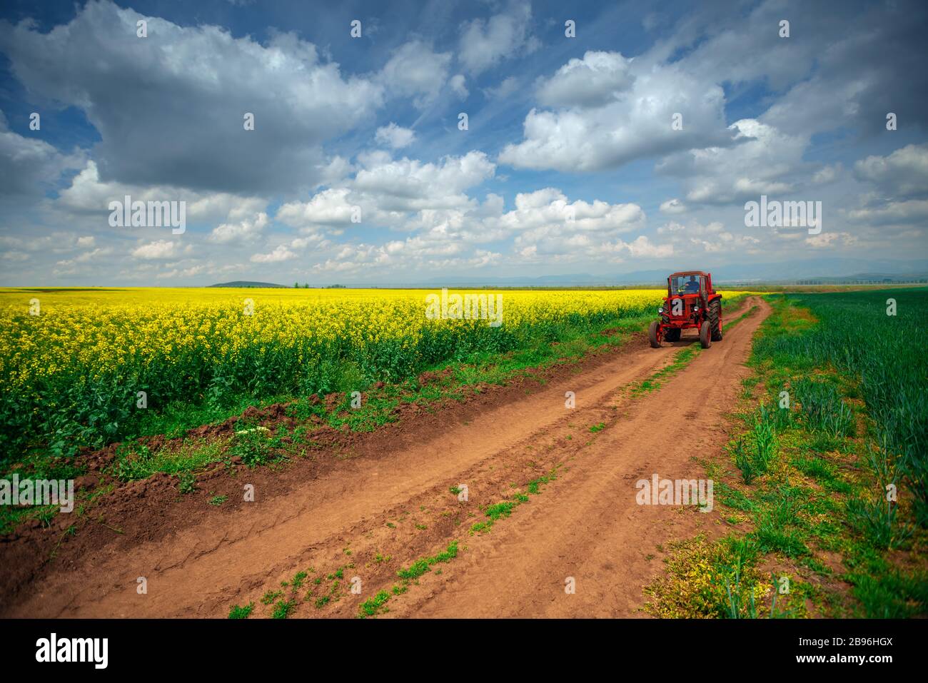 Red tractor in a field and dramatic clouds Stock Photo - Alamy
