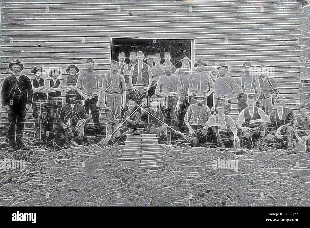 Negative - Australia, circa 1900, Shearers outside a shearing shed. Two ...