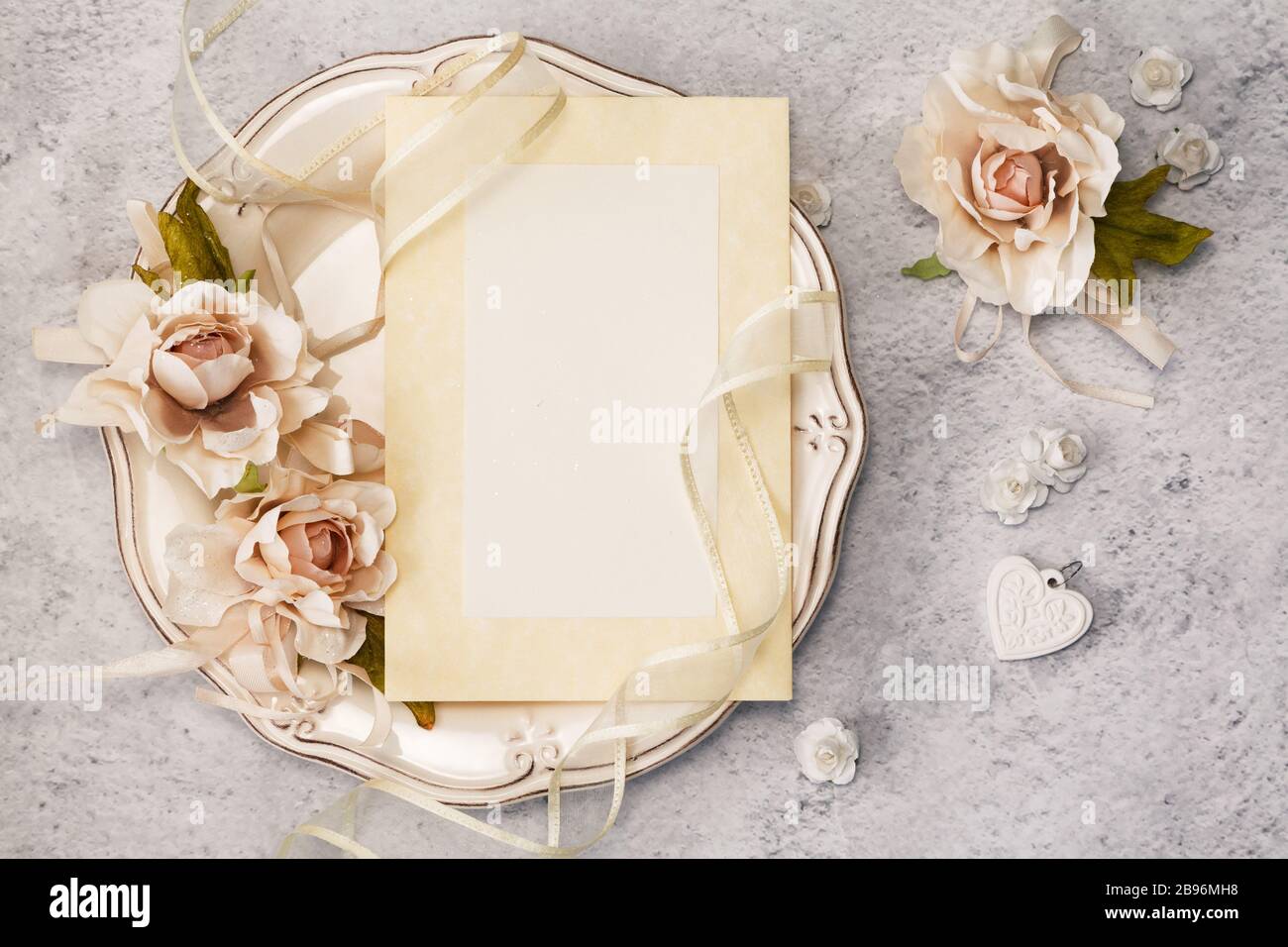 Elegant festive table setting with blank card in restaurant. Menu ...