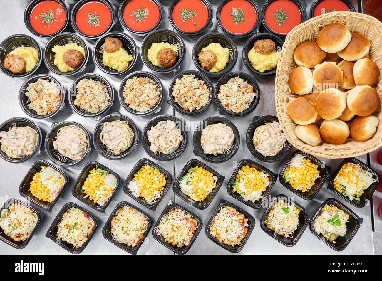 Food delivery. Different in plastic disposable lunch box with healthy ...