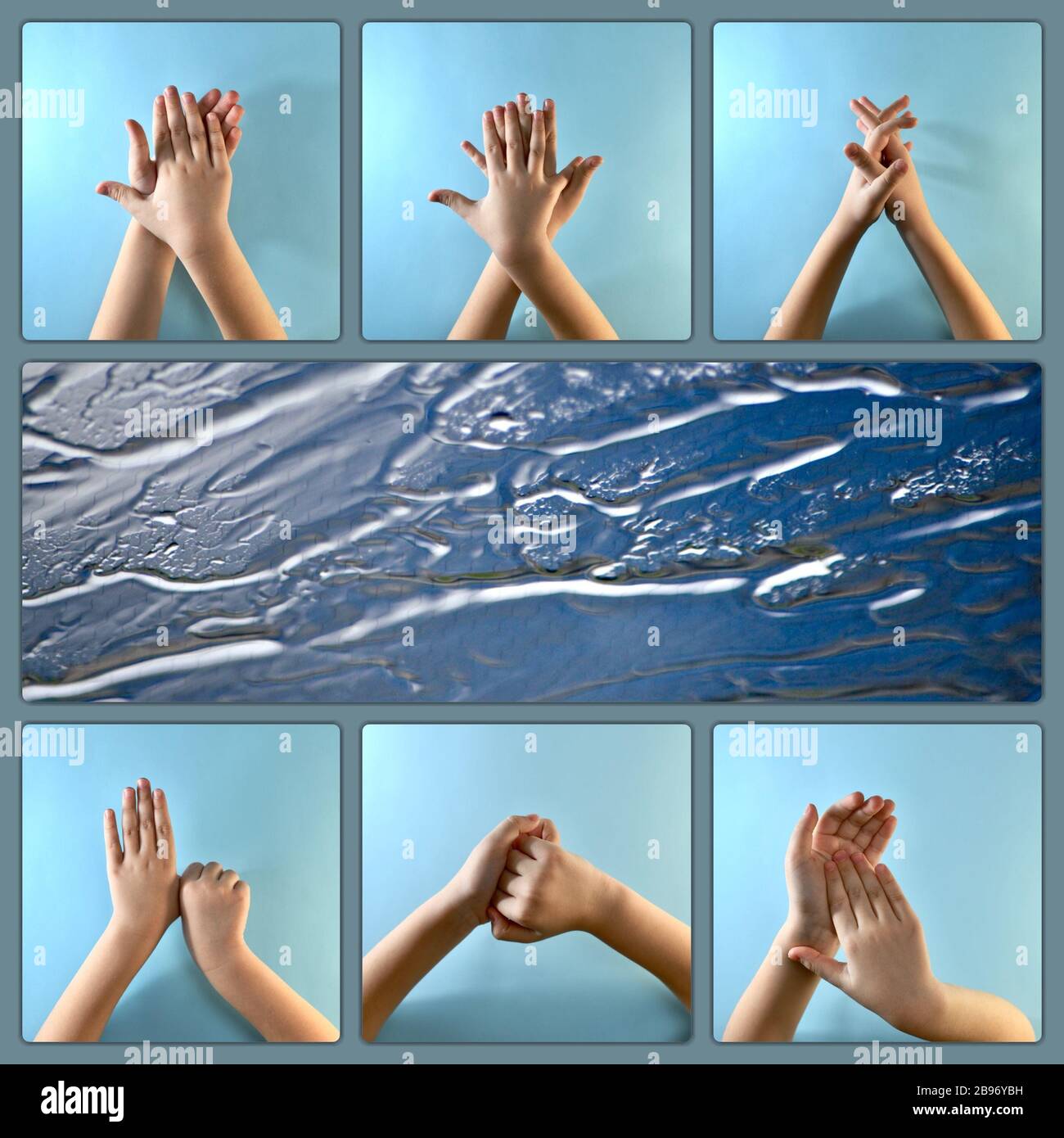 A collage showcasing six obligatory ways of disinfecting hands, with ...