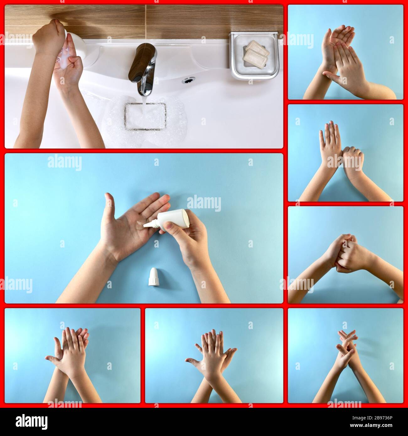 Demonstration of antiseptic hand hygiene with soap and gel Stock Photo ...