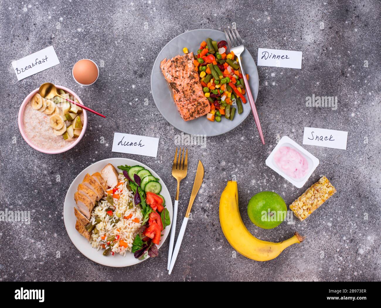 Healthy balanced menu for day Stock Photo - Alamy