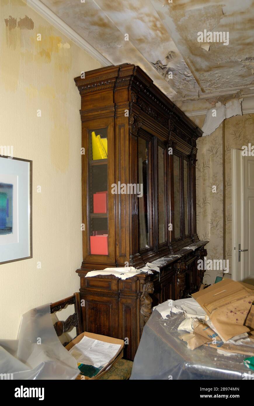 Water damage caused by extinguishing water after fire, symbolic picture ...