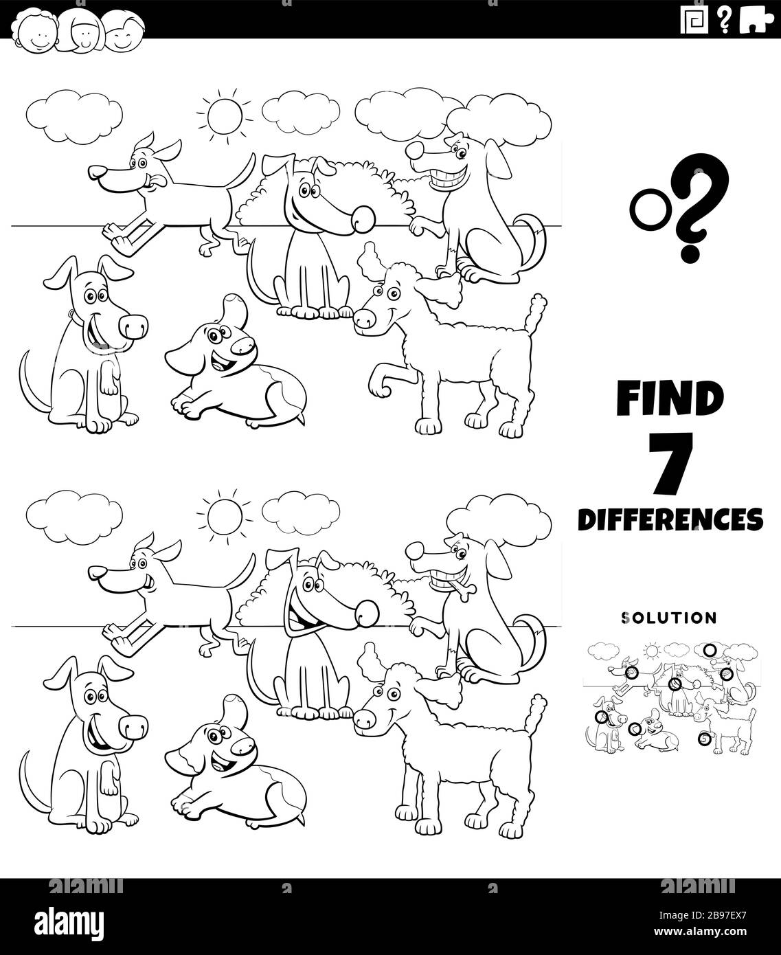 Black and White Cartoon Illustration of Finding Differences Between ...