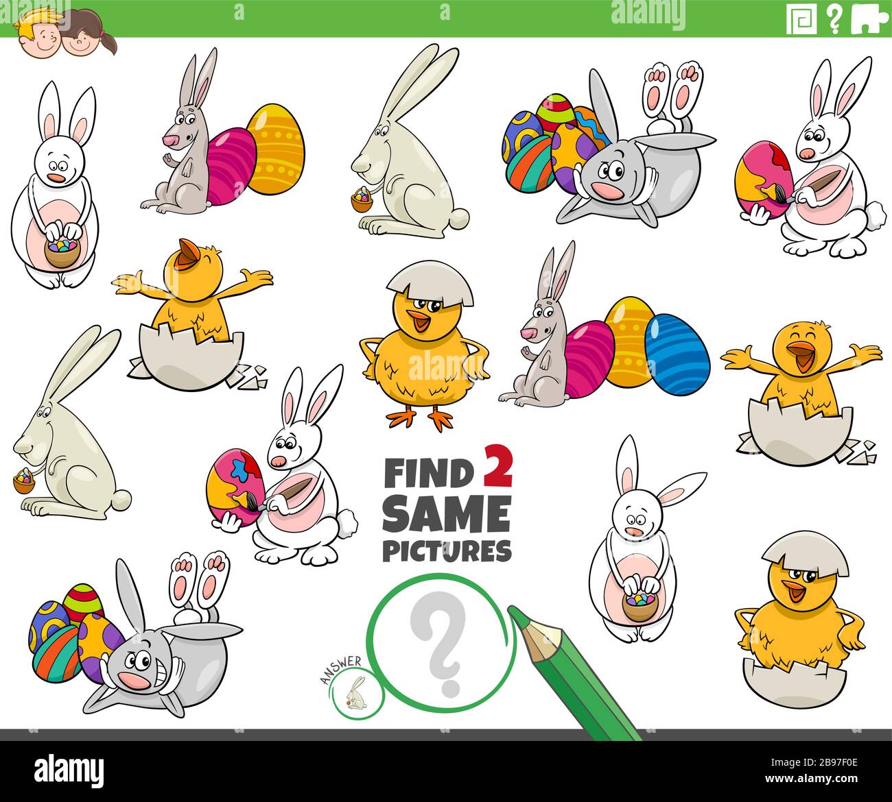 Cartoon Illustration of Finding Two Same Pictures Educational Game for ...