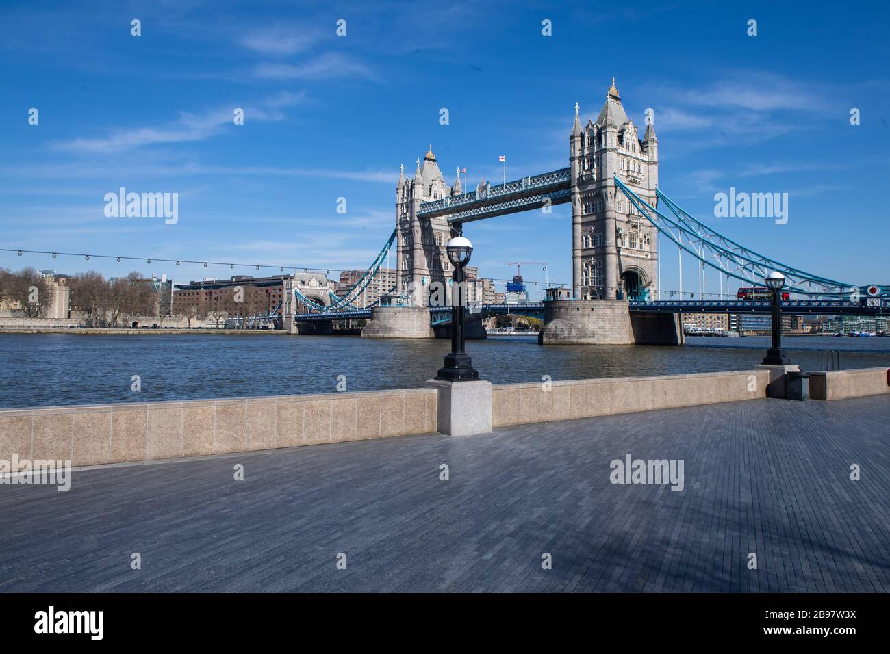 London, United Kingdom. 23rd Mar, 2020. Tower Bridge is seen very empty ...