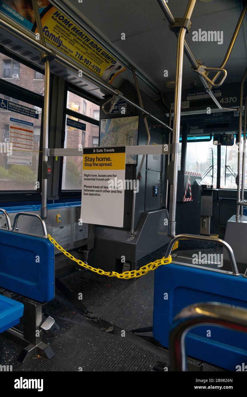 New York, NY - March 23, 2020: Retrofitted city bus to keep driver ...