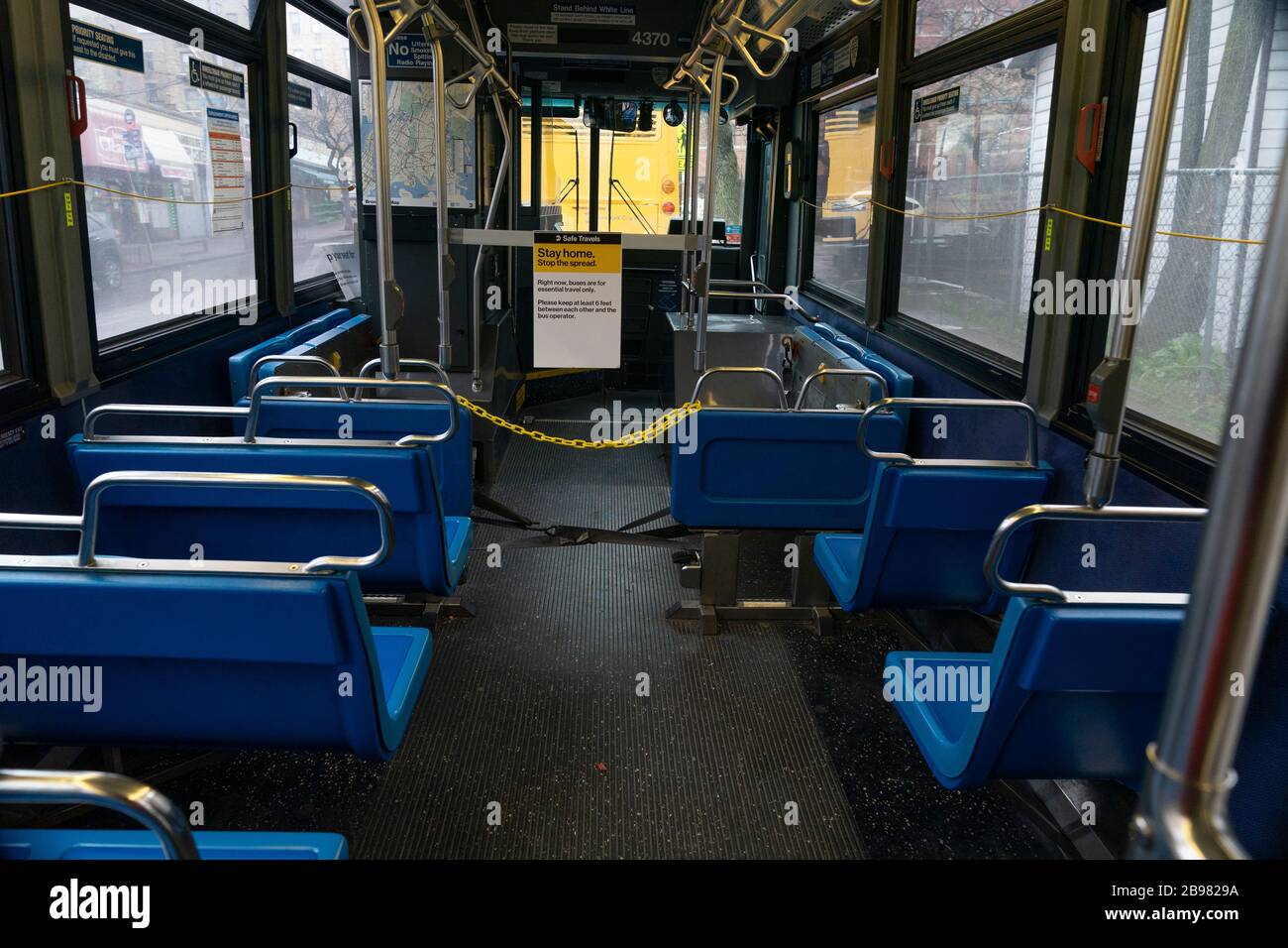 New York, NY - March 23, 2020: Retrofitted city bus to keep driver ...