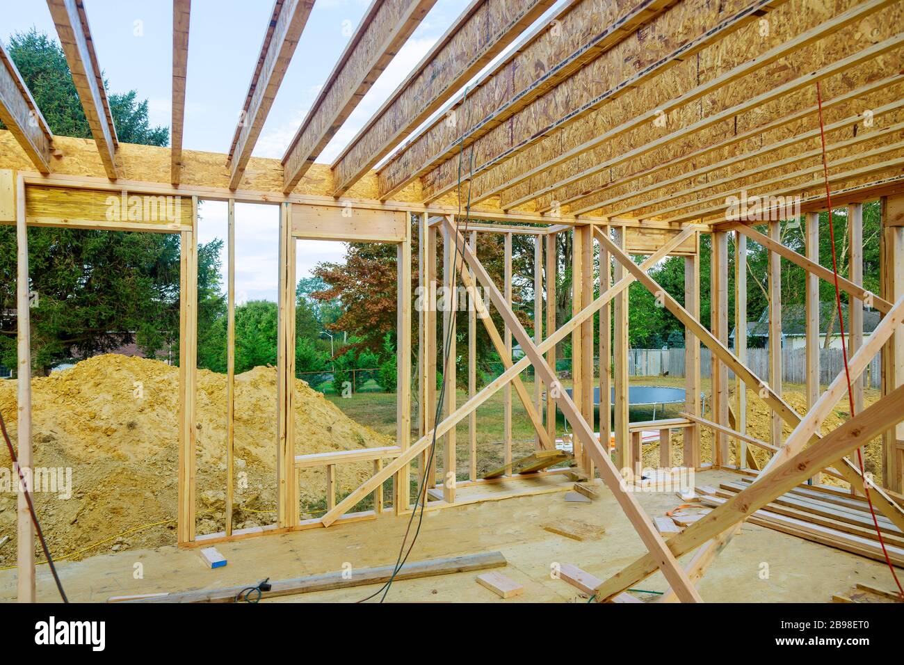 Under construction home framing interior view of a house Stock Photo ...